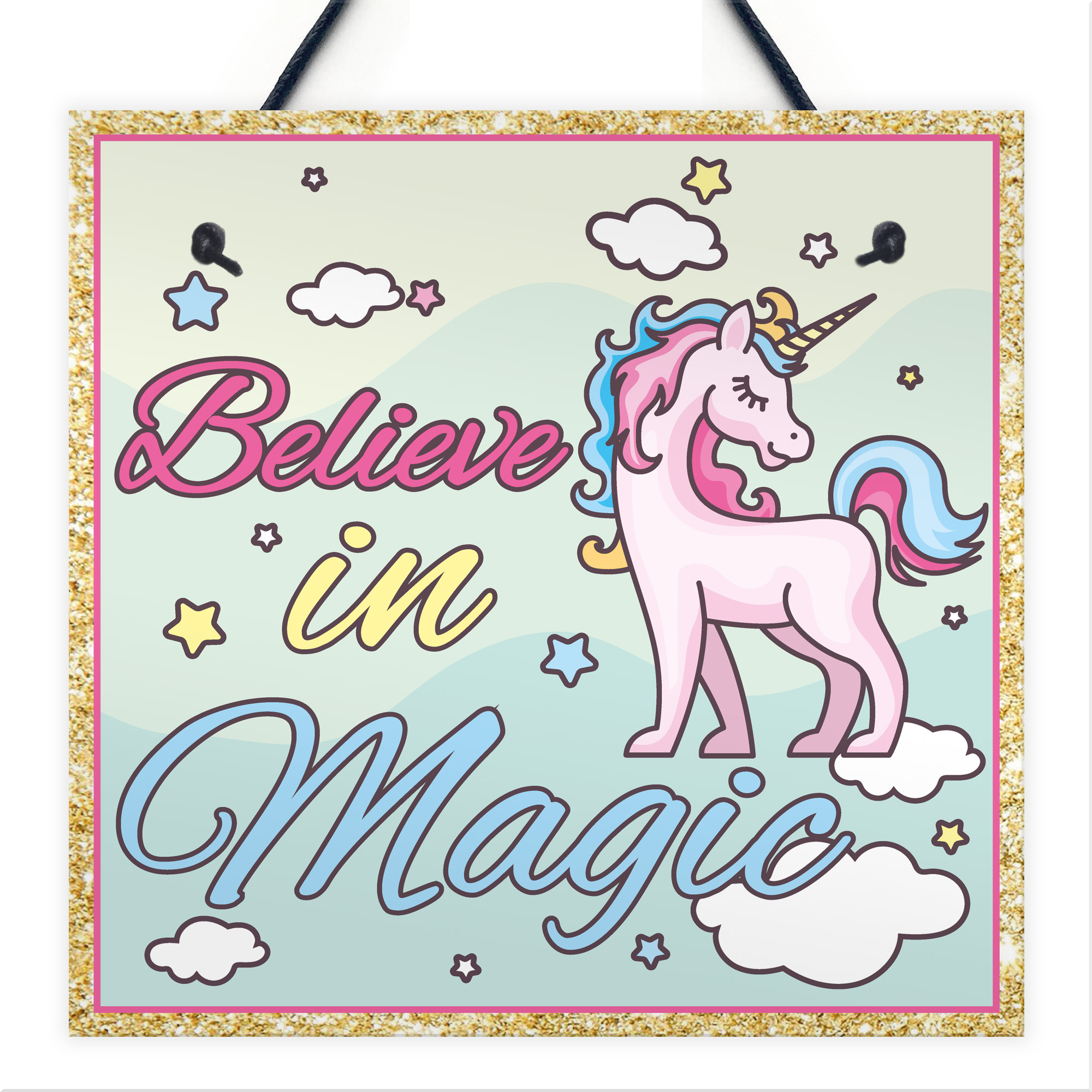 Believe In Magic Unicorn Wall Girls Bedroom Quote Plaque Cute Sign ...